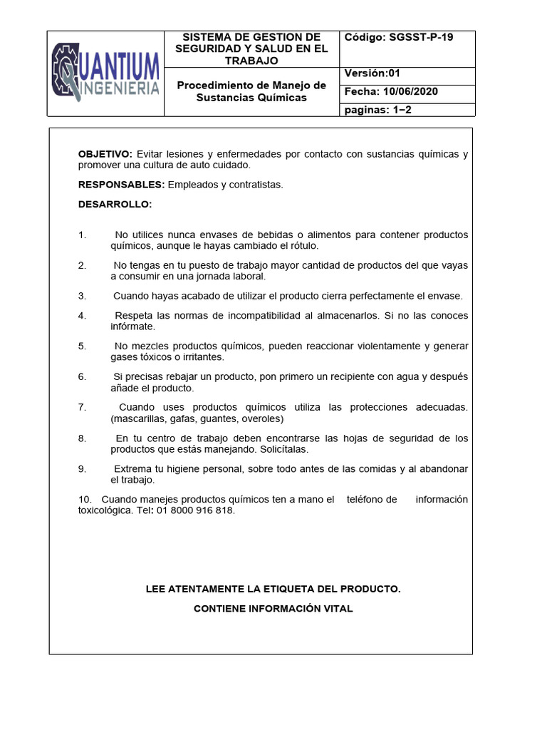 Procedimiento Manejo de Sustancias Quimicos | PDF
