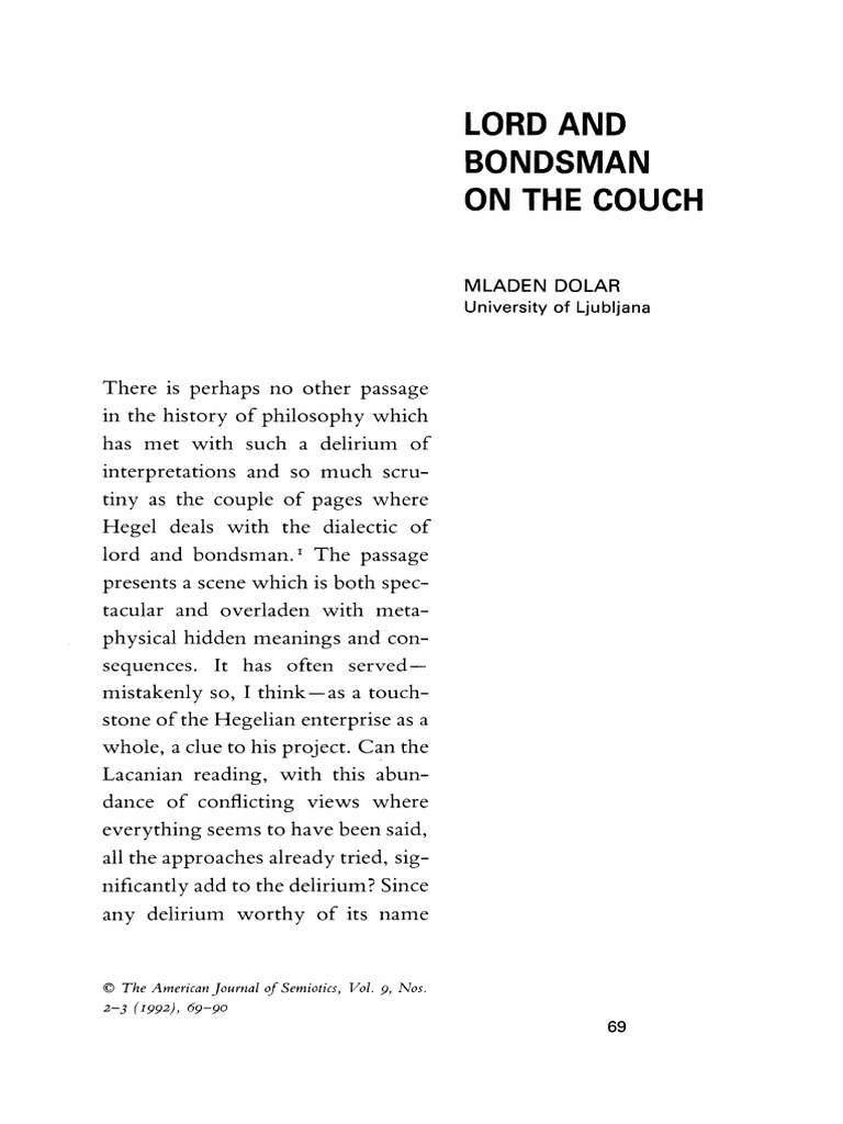 Mladen Dolar Lord and Bondsman On The Couch Theoryreader | PDF ...