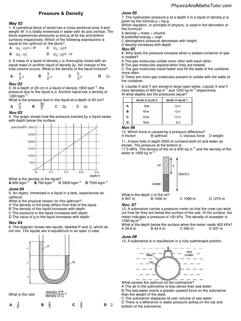 Pressure & Density Mcqs | PDF | Pressure | Buoyancy