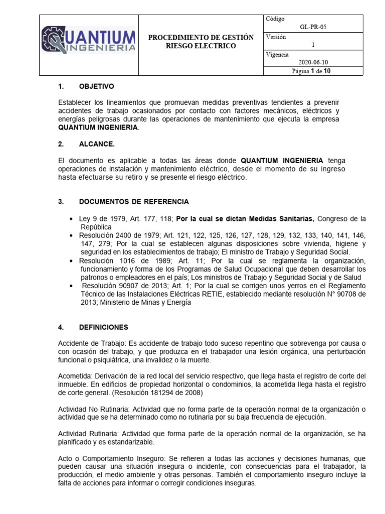 GL-PR-05 Procedimiento Gestion Riesgo Electrico | PDF | Aislador (Electricidad) | Relámpago