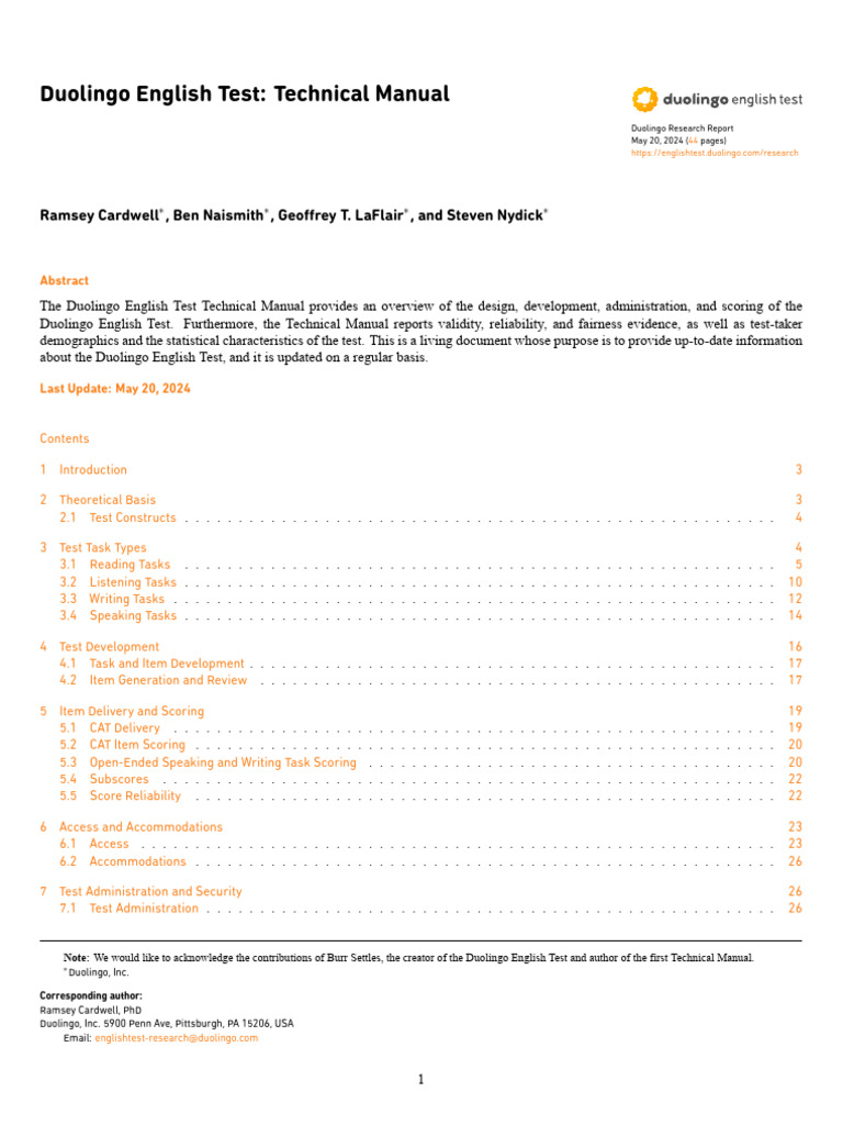 Duolingo English Test Manual Overview | PDF | Vocabulary | Psychometrics