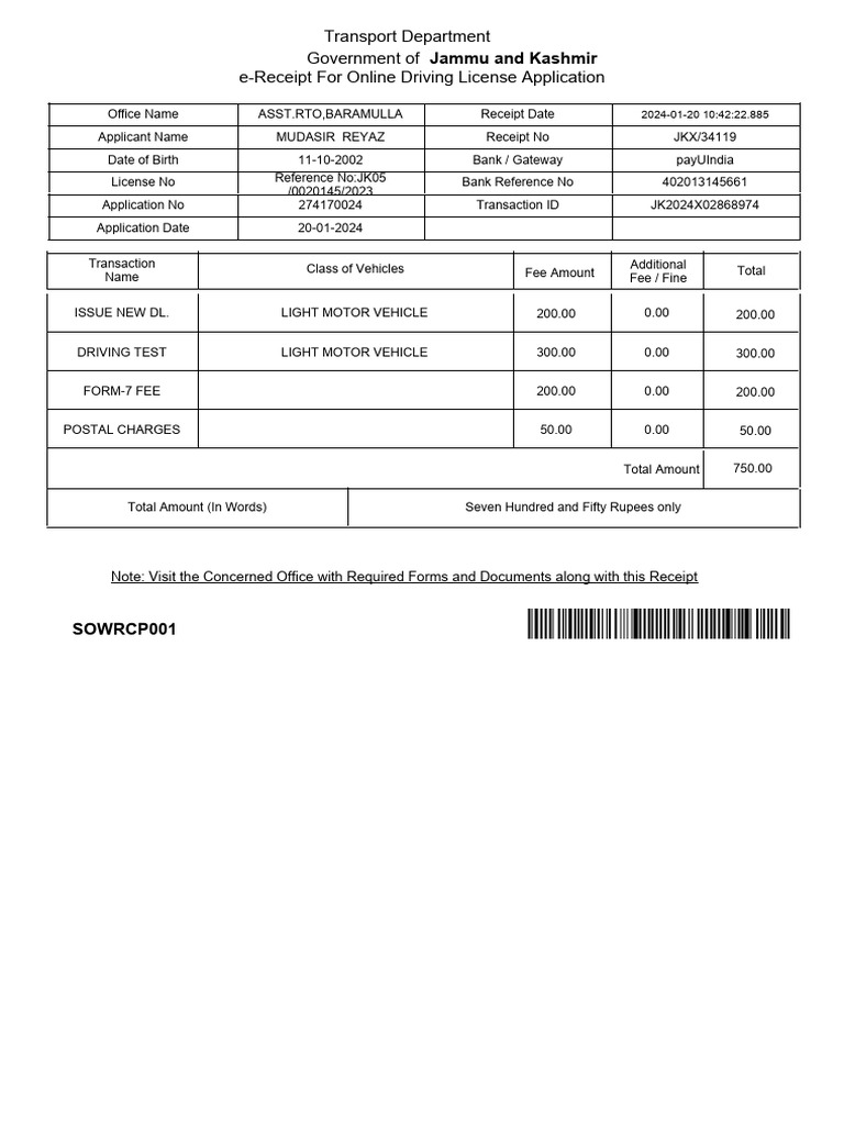 e-Receipt for Driving License Application | PDF