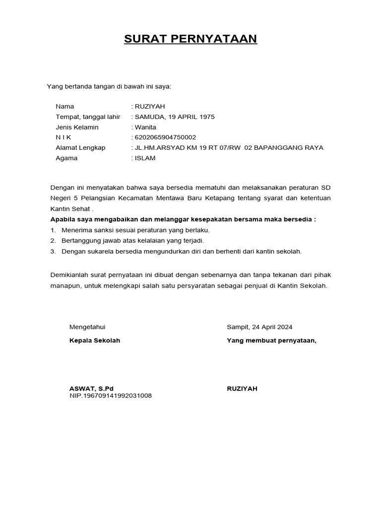 Format Surat Pernyataan Bermaterai | PDF