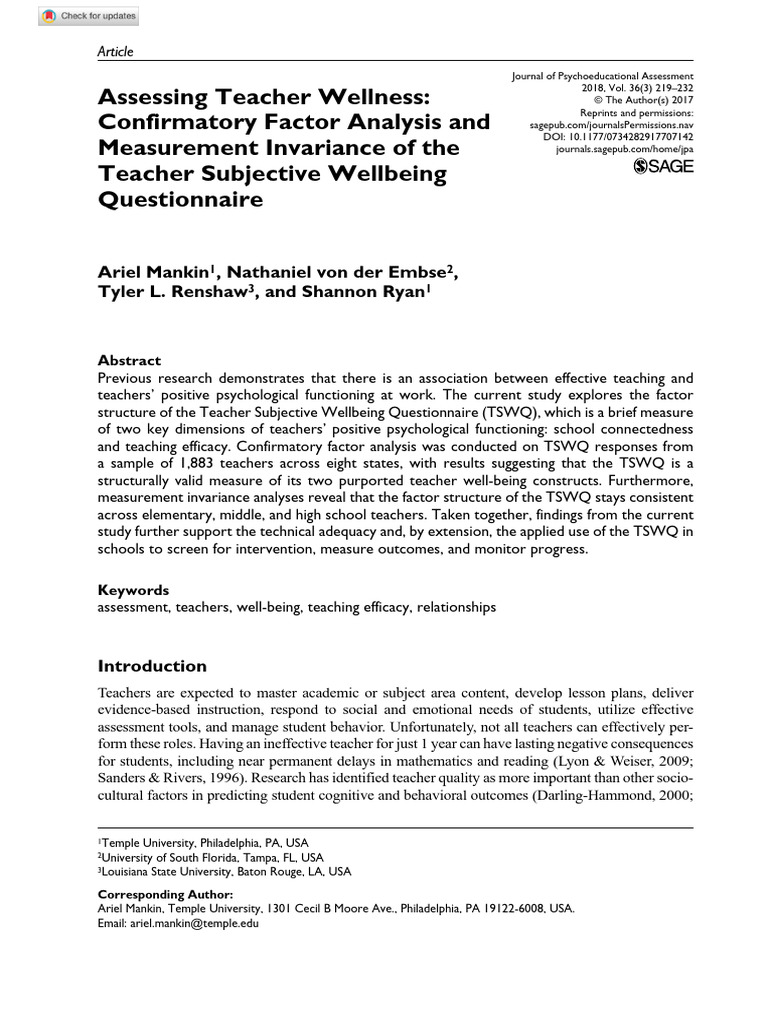 Assessing Teacher Wellness - Confirmatory Factor Analysis and ...