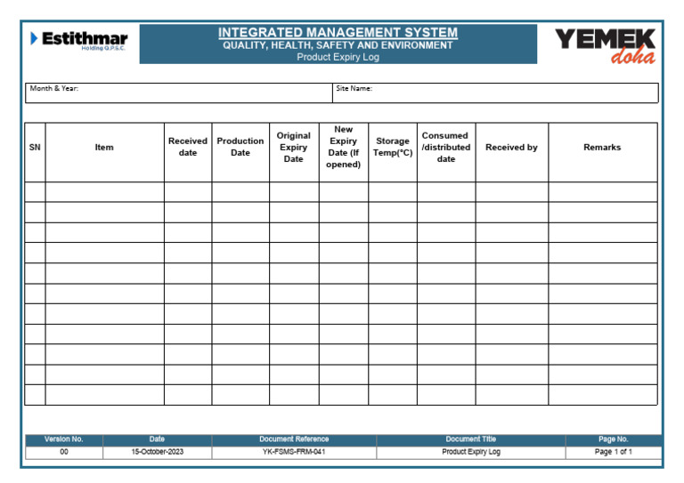 YK FSMS FRM 044.01 Products Expiry Log | PDF