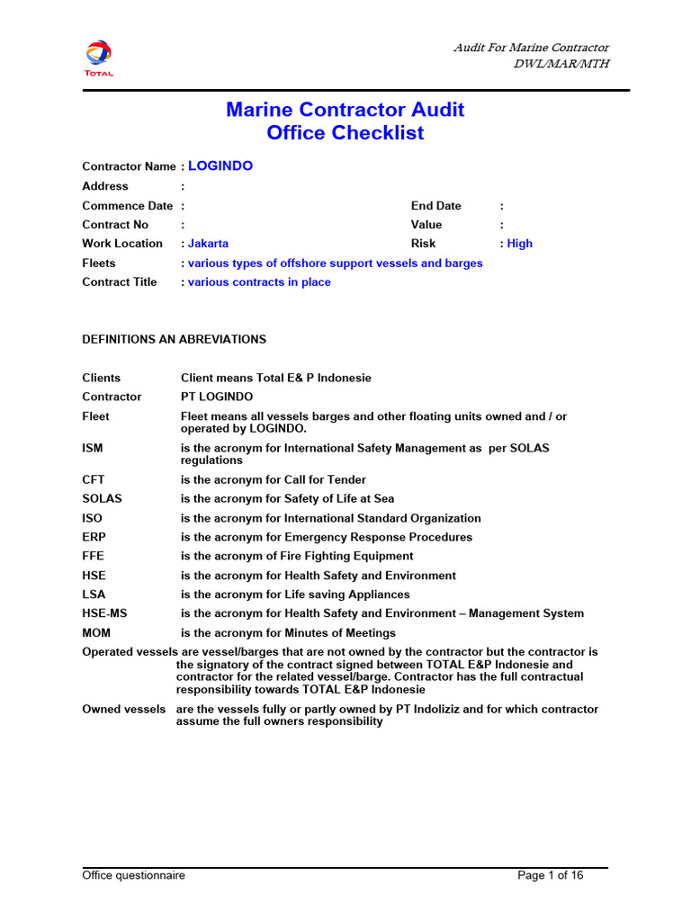 Template Marine Contractor Office Audit Questionnaire | PDF ...