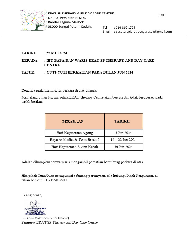 Memo Cuti Jun 2024 Erat SP | PDF