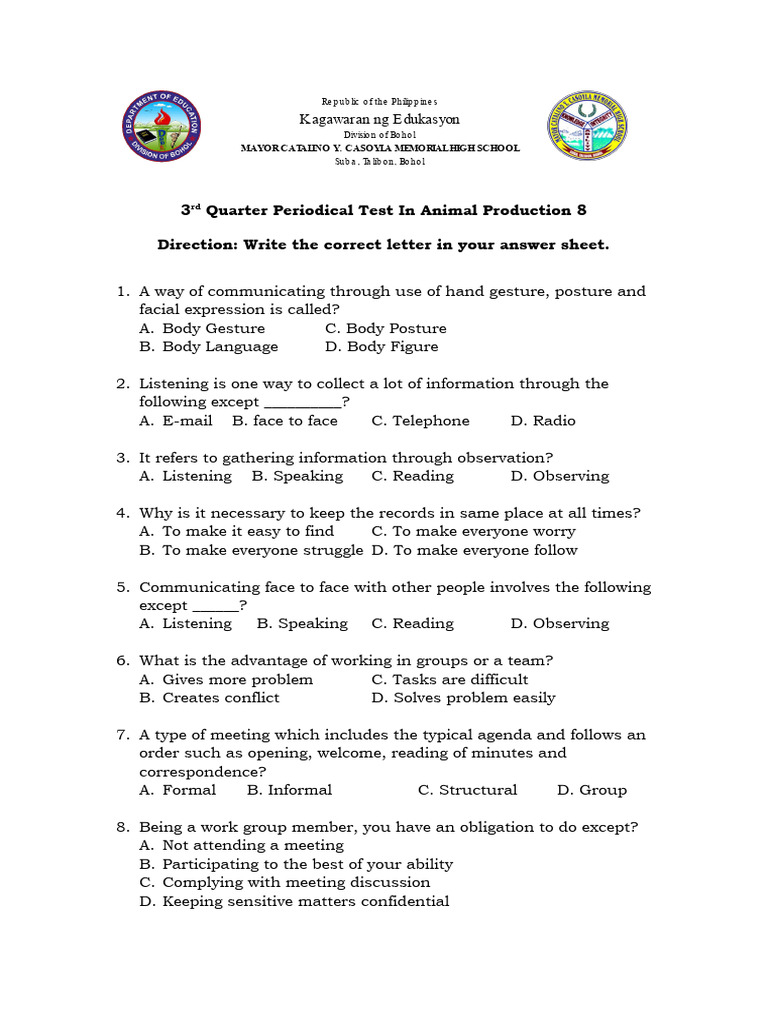 3rd Quarter Periodical Test in Animal Production 8 | PDF | Return On ...