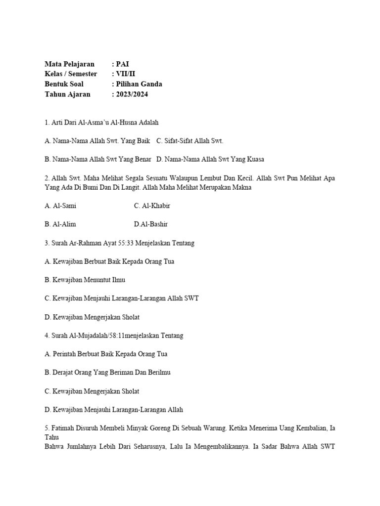 Sumatif Akhir Semester Ganjil Pai Kelas 7 Kurikulum Merdeka | PDF | Karier & Perkembangan ...