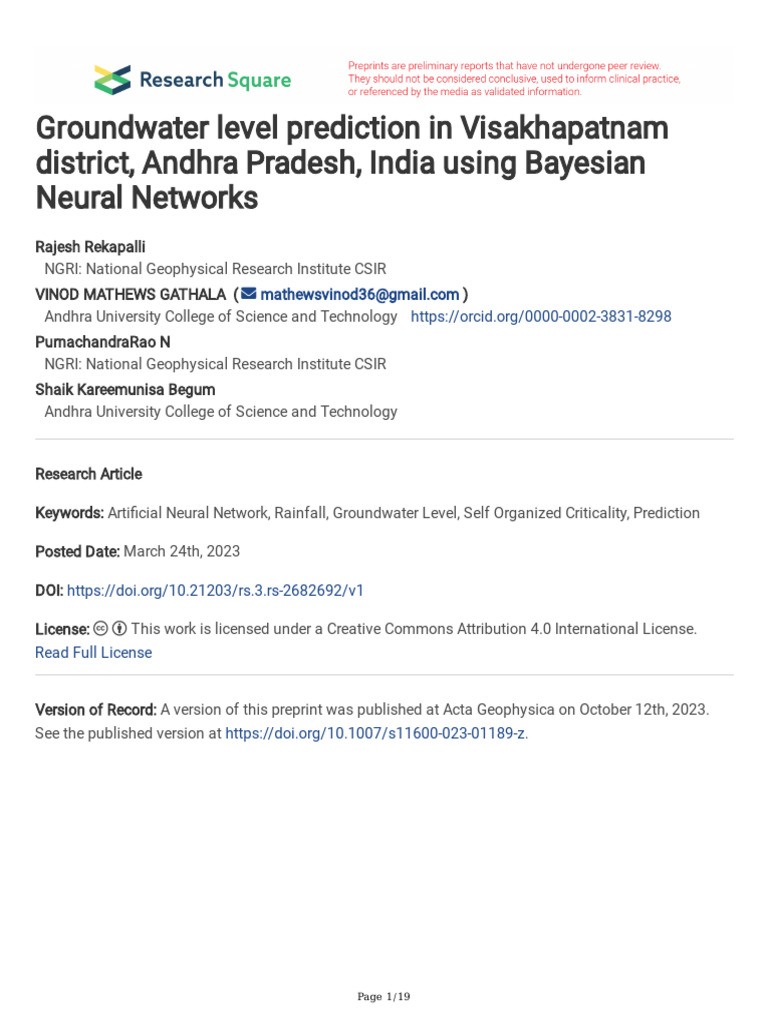 Groundwater Level Prediction in Visakhapatnam District, Andhra Pradesh, India Using Bayesian ...