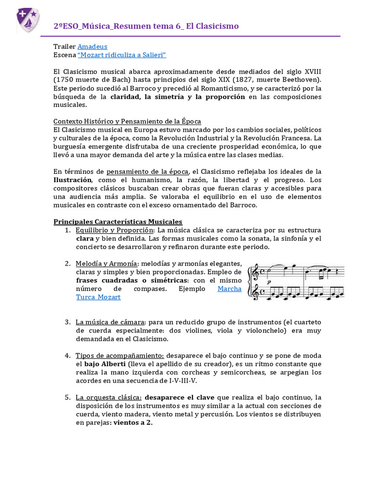 2-ESO_Tema 6_Clasicismo musical | Descargar gratis PDF | Periodo Clásico (Música) | Música clásica