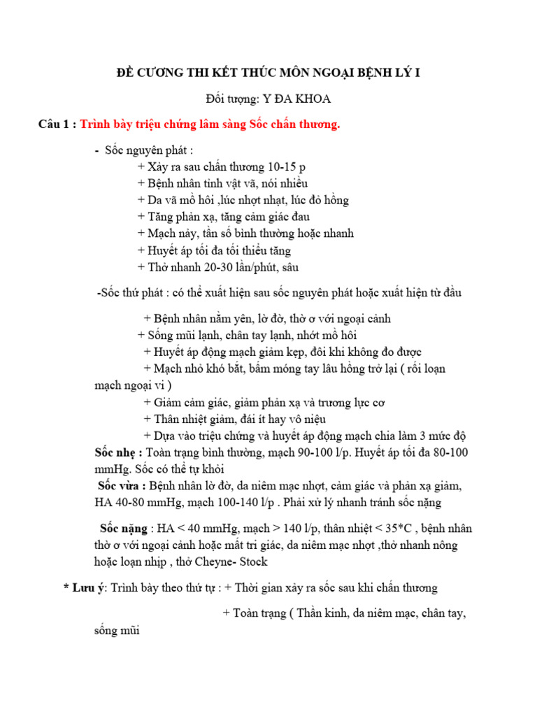 ĐỀ CƯƠNG THI KẾT THÚC MÔN NGOẠI BỆNH LÝ 1 hihihi | PDF