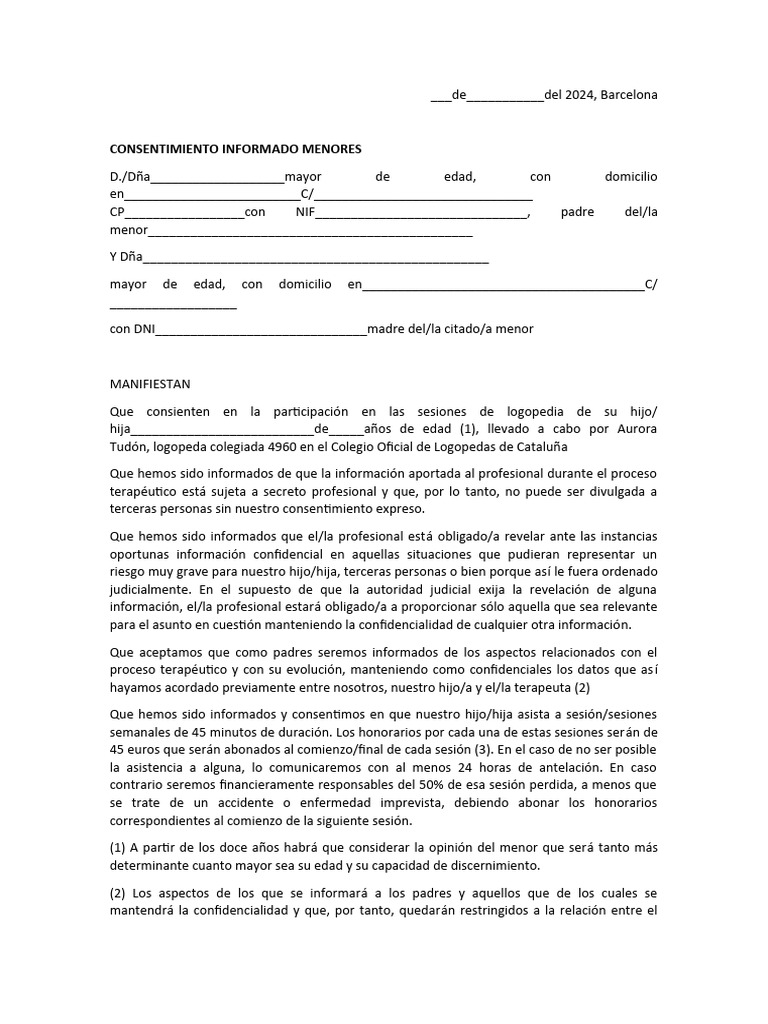 CONSENTIMIENTO INFORMADO MENORES Logopeda | PDF | Ciencias sociales ...