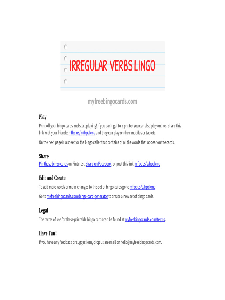 Irregular Verbs Simple Past Lingo Bingo | PDF