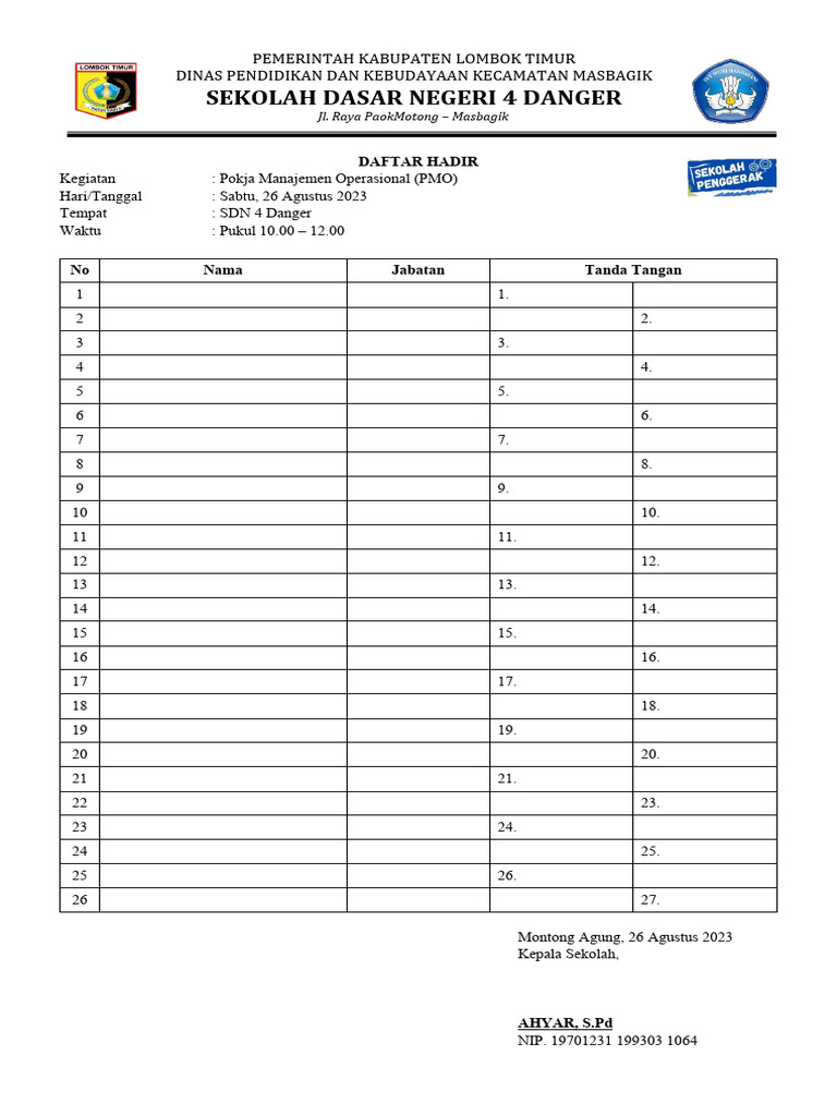 Absen Pmo SDN 4 Danger | PDF
