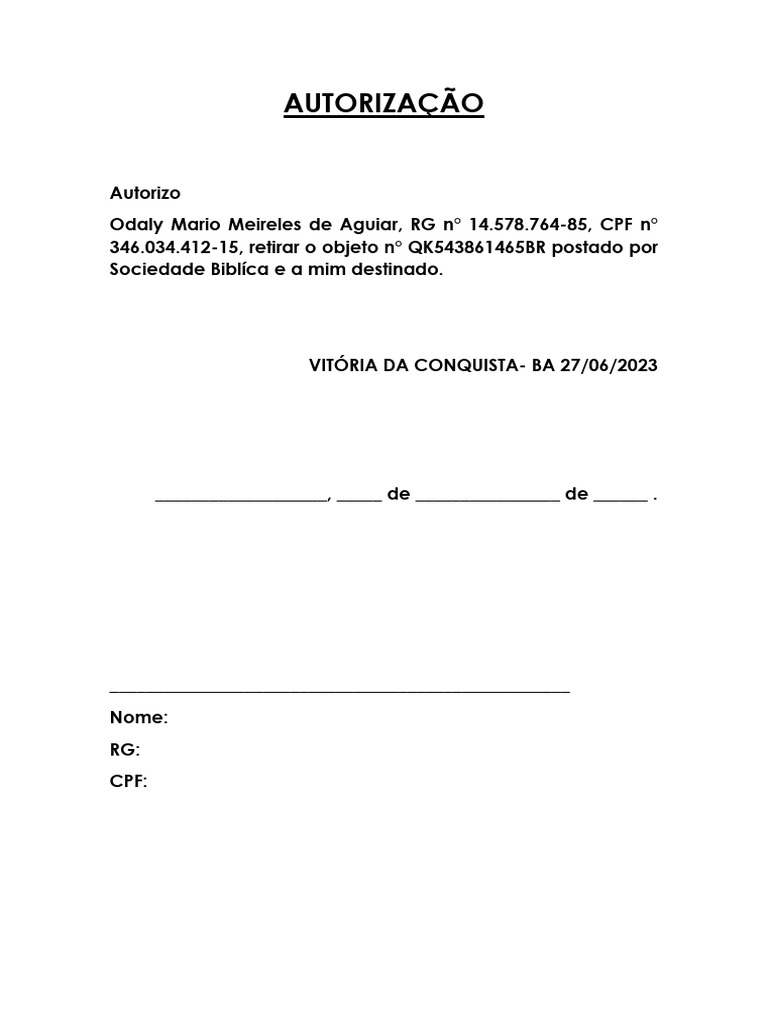 Autorização Retirada de Encomenda Por Terceiros | PDF Autorização Retirada de Encomenda Por Terceiros | PDF