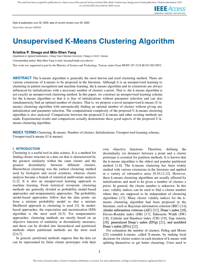 Unsupervised K Means Clustering Algorithm Pdf Cluster Analysis