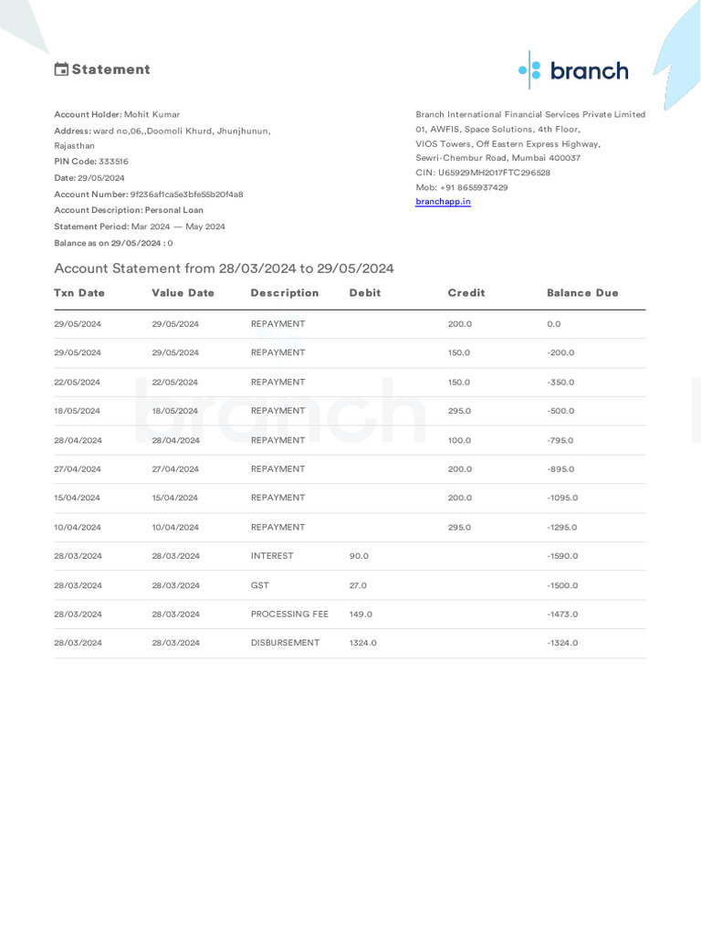 Personal Loan Account Statement | PDF | Finance & Money Management