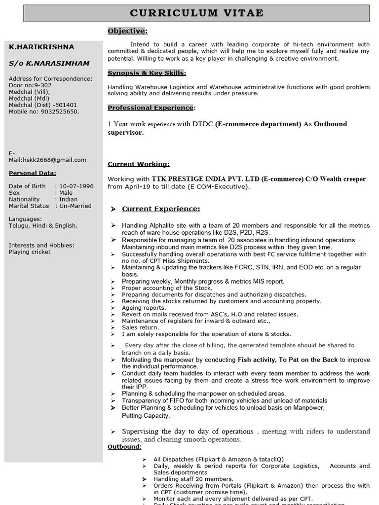 Hari Resume (Updated) | PDF | Logistics | Warehouse