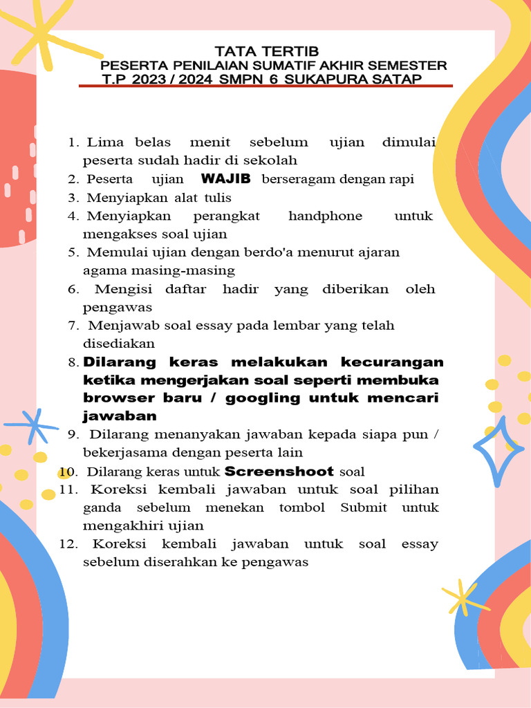 TATA TERTIB PESERTA UJIAN PAS GANJIL T.P 2023-2024 | PDF