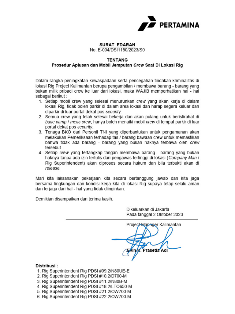 SE No. 004 - Prosedur Aplusan Dan Mobil Jemputan Crew Saat Di Lokasi Rig | PDF
