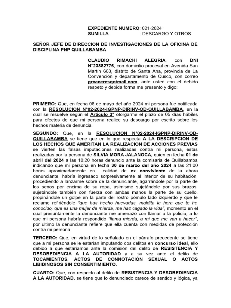 Caso Claudio Rimachi PNP Disciplinario | PDF | Intención (Derecho Penal) | Justicia