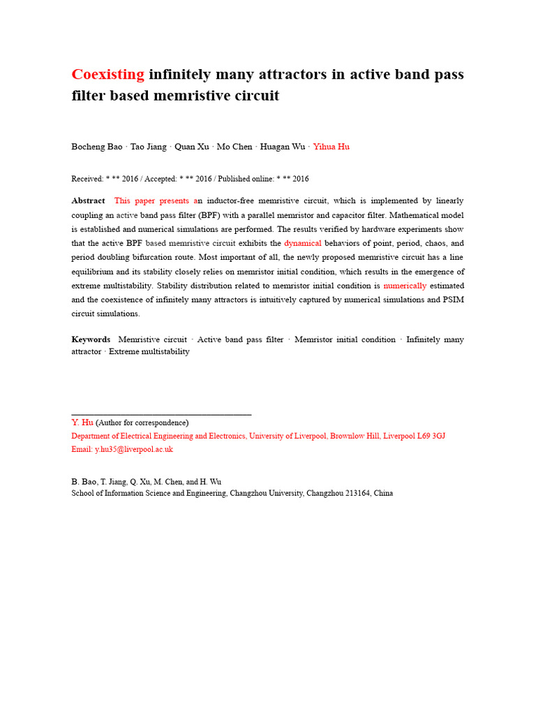 Coexisting Infinitely Many Attractors In Active Band Pass Filter Based Memristive Circuit Pdf