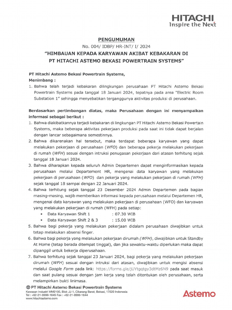 Pengumuman Himbauan Kepada Karyawan Akibat Kebakaran Di PT Hitachi ...