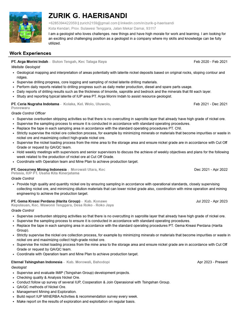 Zurik G. Haerisandi - Resume | PDF | Mining | Ore
