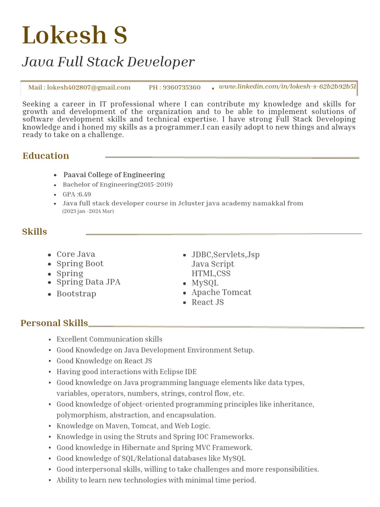 Lokesh S Resume | PDF | Java (Programming Language) | Computer Programming