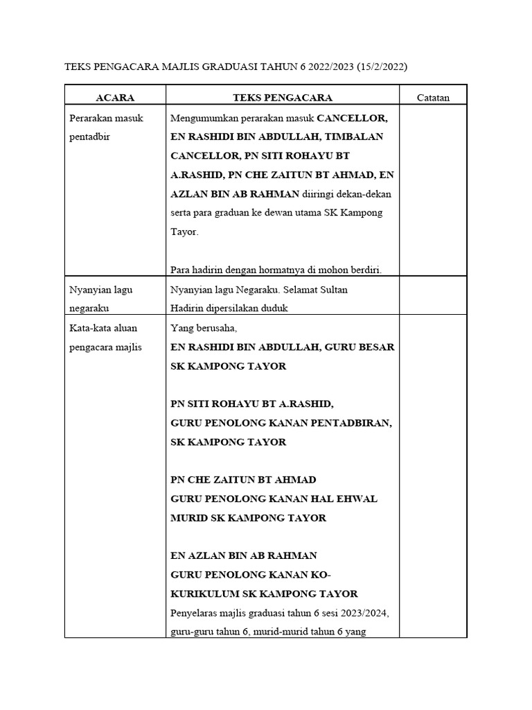 Teks Pengacara Majlis Apresiasi Dan Graduasi Tahun 6 202324 | PDF