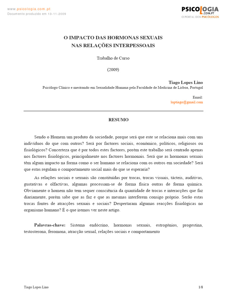 Impacto H. Sexuais - Rels. Interpessoais | PDF | Sexo | Estrogênio