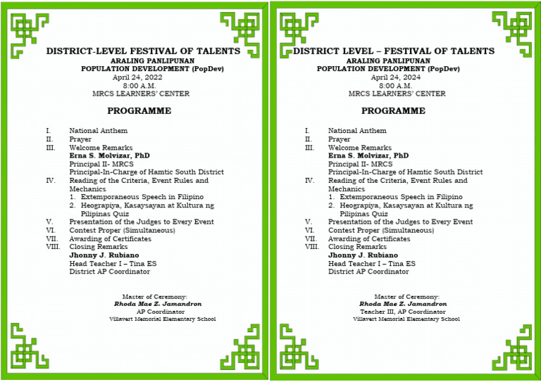 Program Festival of Talents AP PopDev District Level | PDF