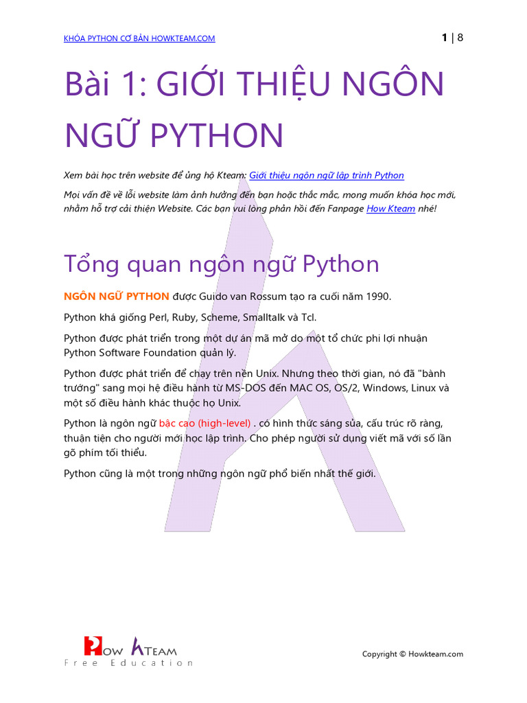 Bài 1 - Giới Thiệu Ngôn Ngữ Lập Trình Python | PDF