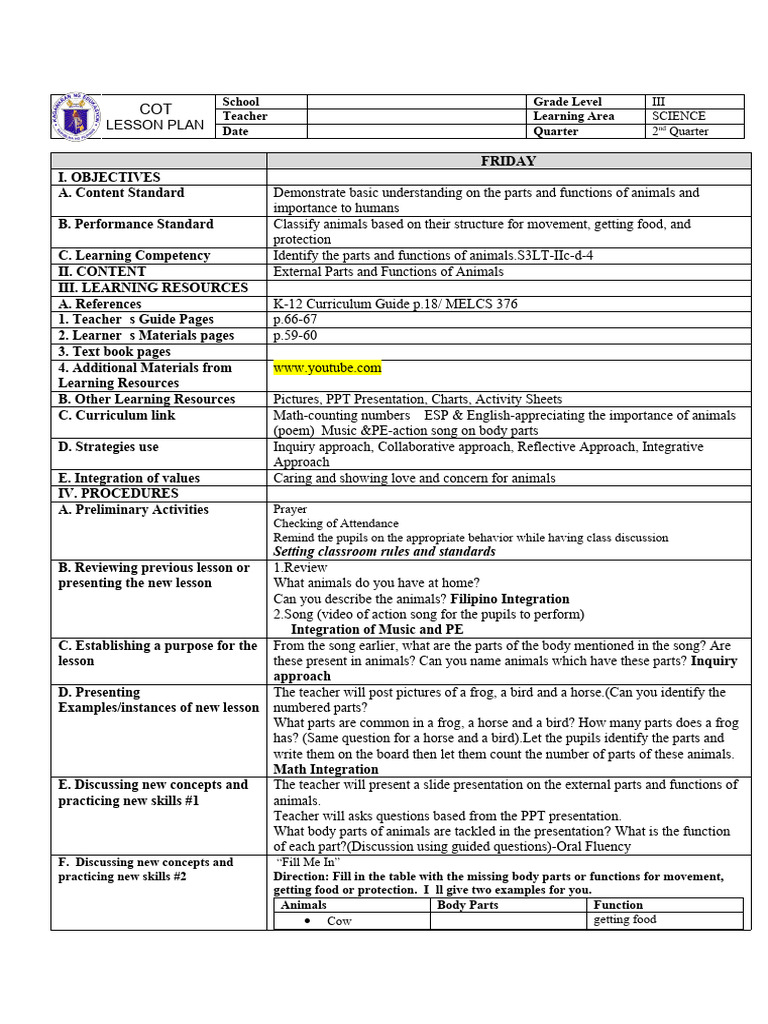 COT LESSON PLAN Science 3 Second Q | PDF | Learning | Lesson Plan