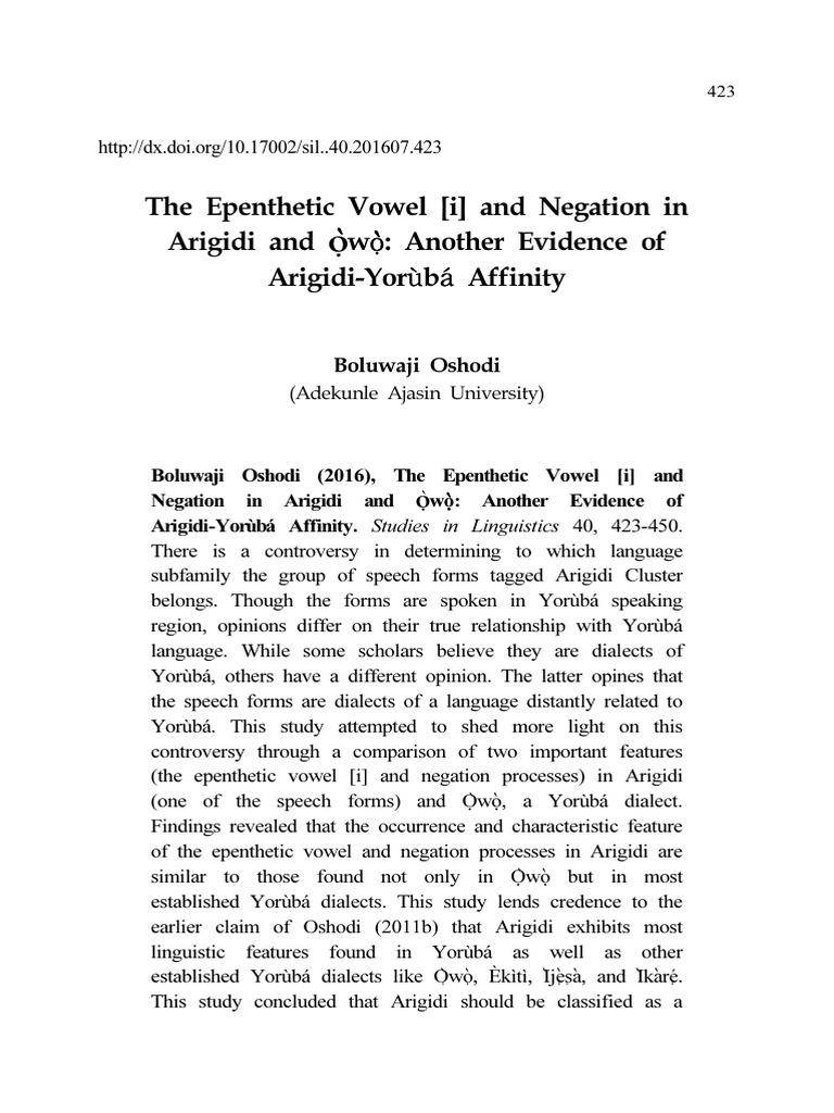 The Epenthetic Vowel I and Negation in A | PDF | Vowel | Dialect