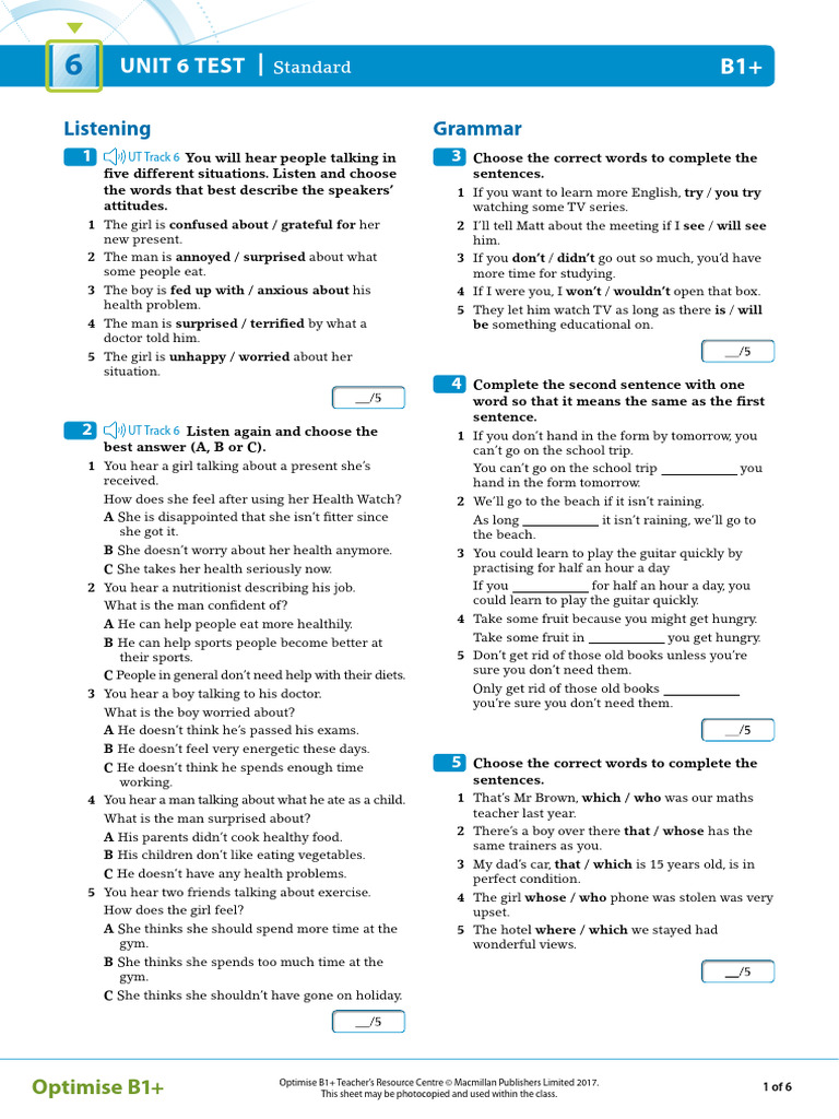 OPT B1plus Unit Test 6 Standard | PDF | Healthy Diet