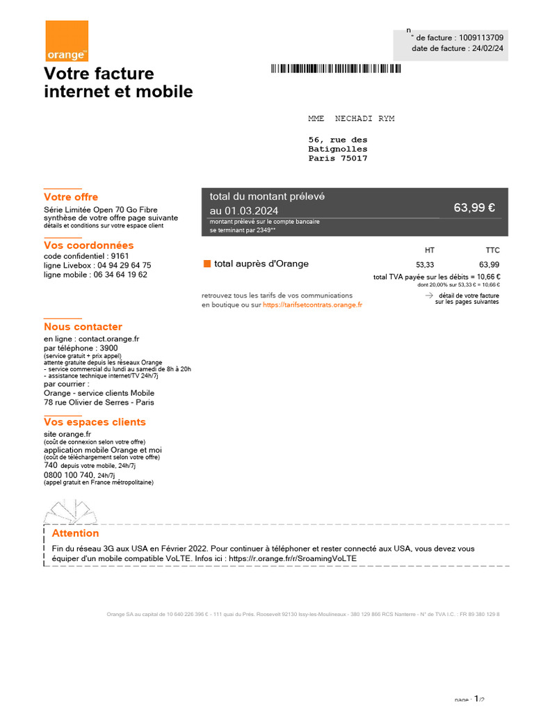 Facture Orange Internet et Mobile 2024 | PDF | Facture | Télécommunications