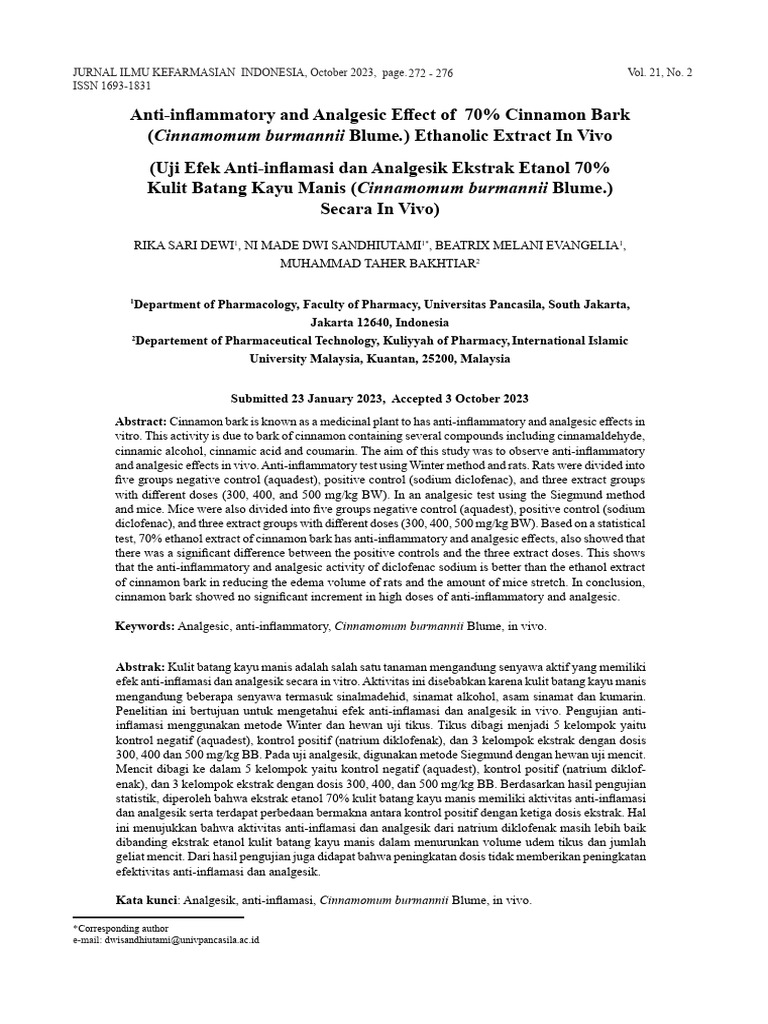 Vol. 21, No. 2 Jurnal Ilmu Kefarmasian Indonesia, October 2023, Page. ISSN 1693-1831 272 - 276 ...