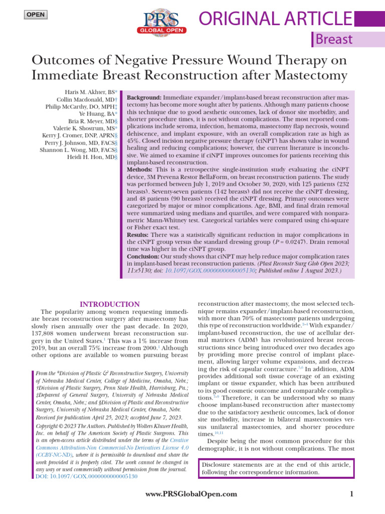 Outcomes of Negative Pressure Wound Therapy On Immediate Breast ...