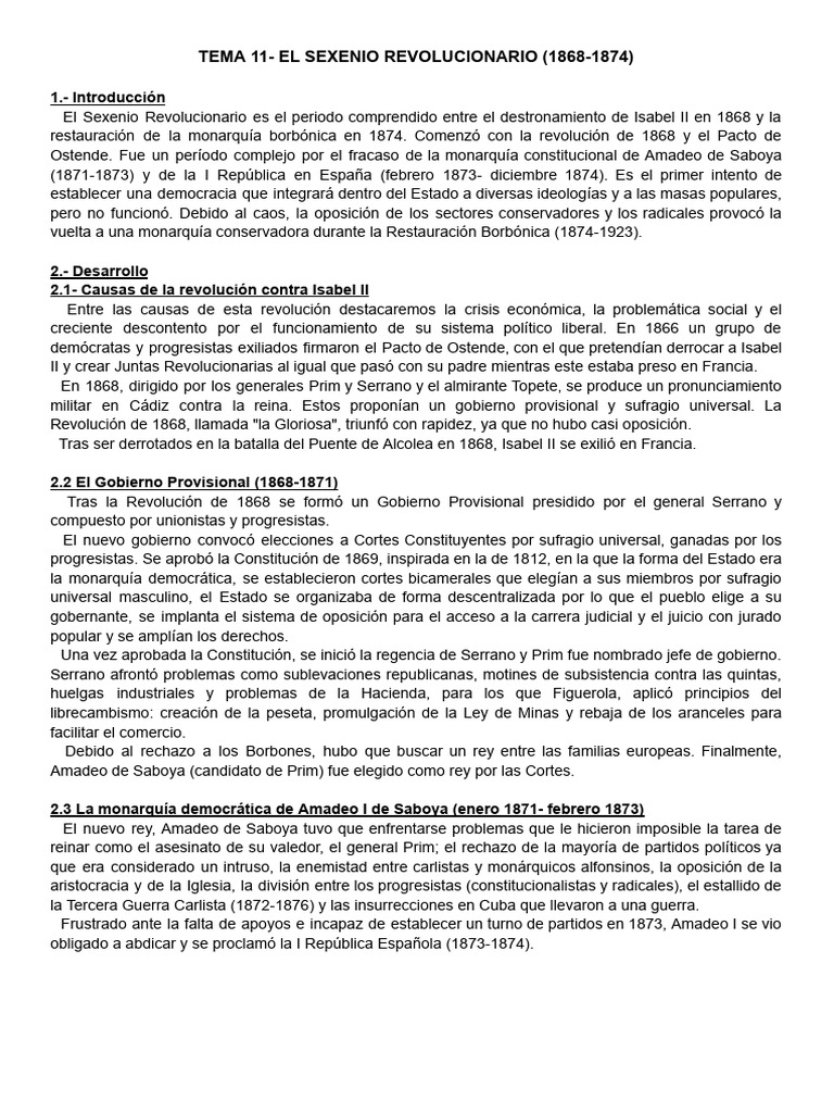 Tema 11 - El Sexenio Revolucionario (1868-1874) | PDF | España | Gobierno de españa