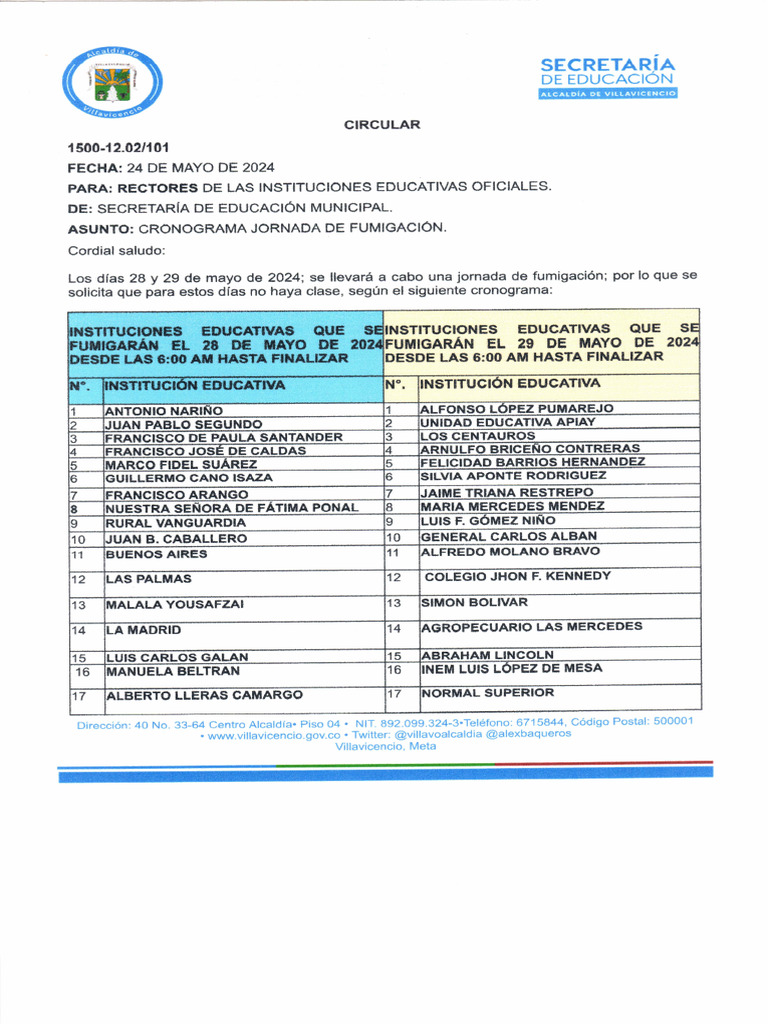 Circular No 1500-12!02!101 de 2024 Cronograma Jornada de Fumigac89 | PDF