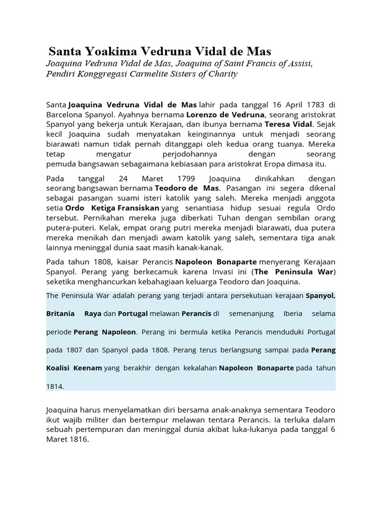 Biografi Santa Joaquina Vedruna | PDF | Perjalanan | Sejarah