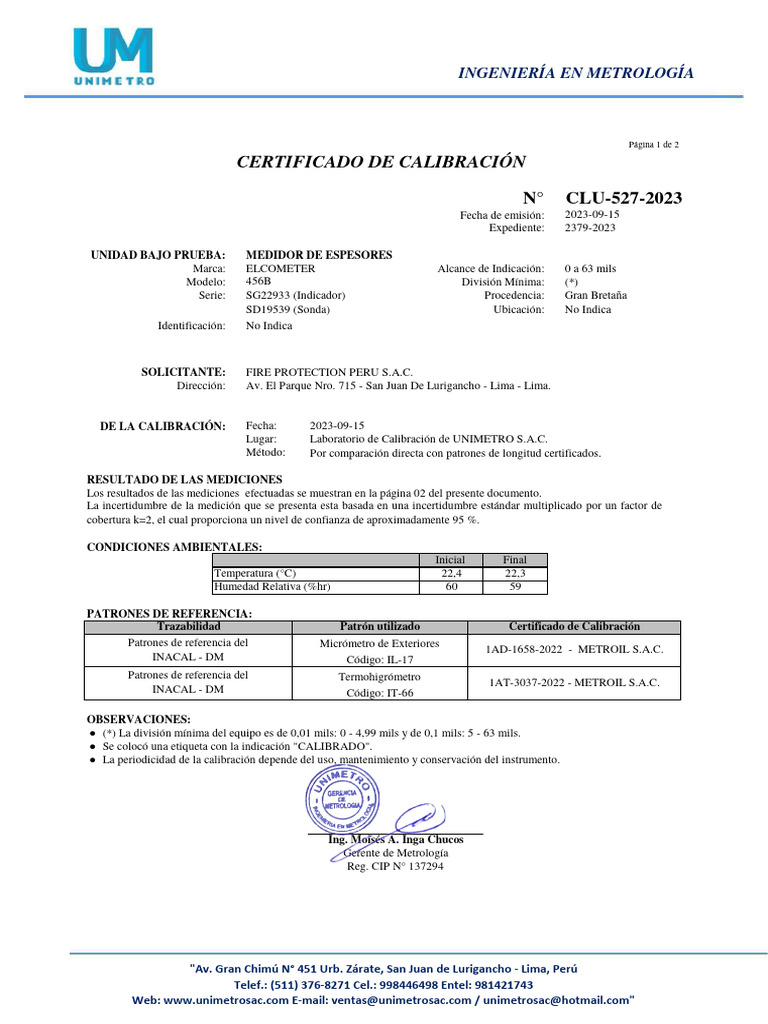 Clu-527-2023 Fire Protection Peru S.A.C. Medidor de Soldadura Elcometer ...