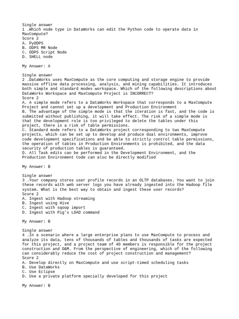 DataWorks and MaxCompute Quiz | PDF | Apache Hadoop | Databases