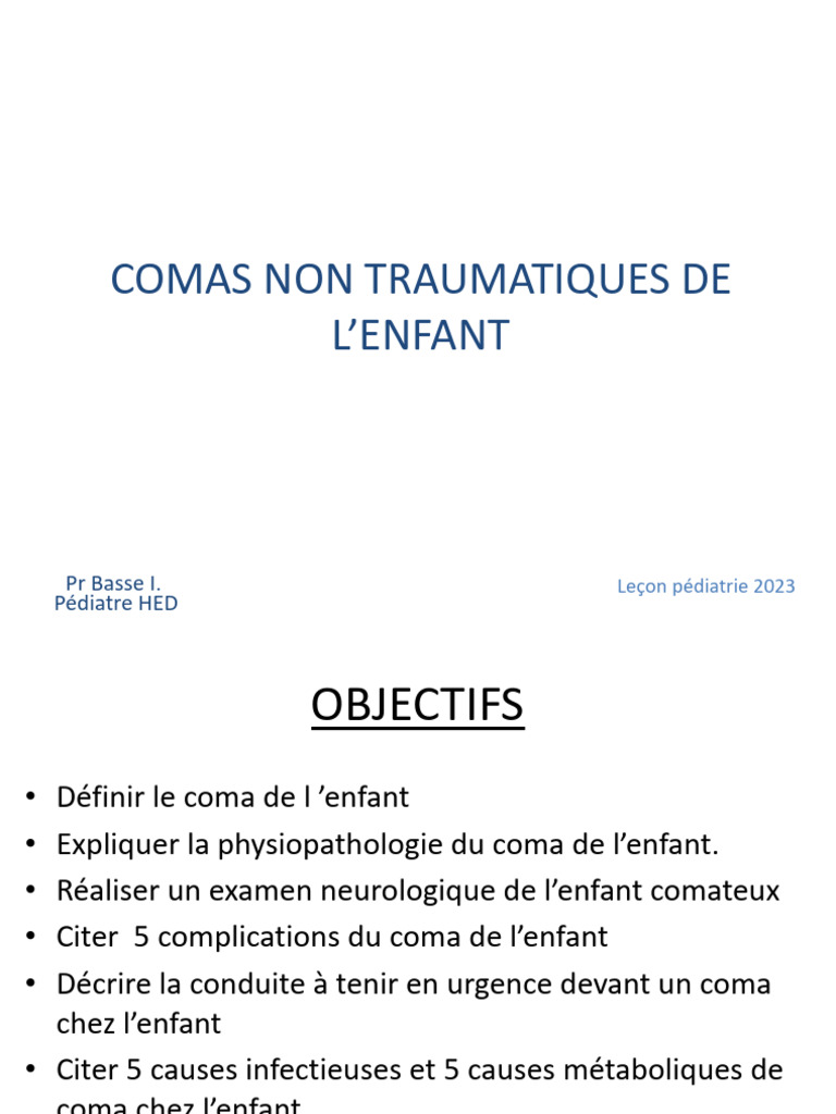 Coma de l'enfant : physiopathologie et urgences | PDF | Coma | Méningite