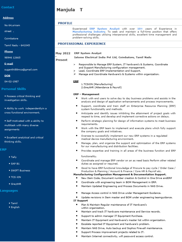 Manju Resume | PDF | Enterprise Resource Planning | Computing