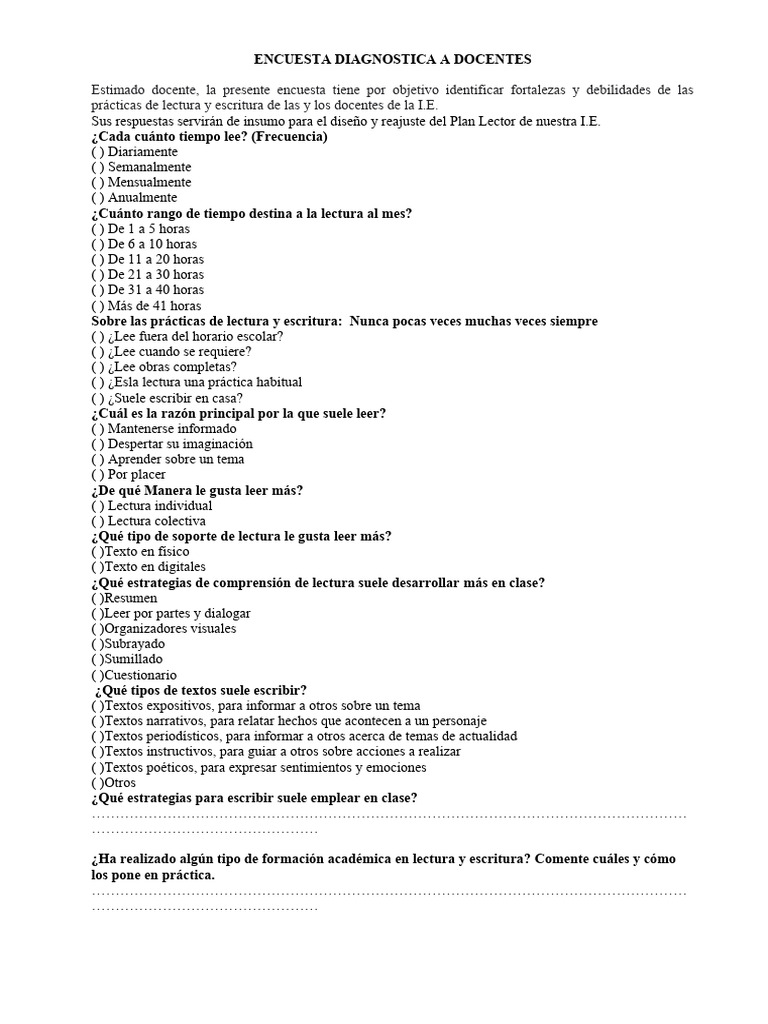 Encuesta de Lectura para Docentes | PDF