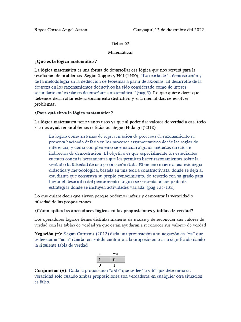 Reyes - Deber 02 (Lógica Matemática) | PDF | Razonamiento deductivo | Lógica matemática