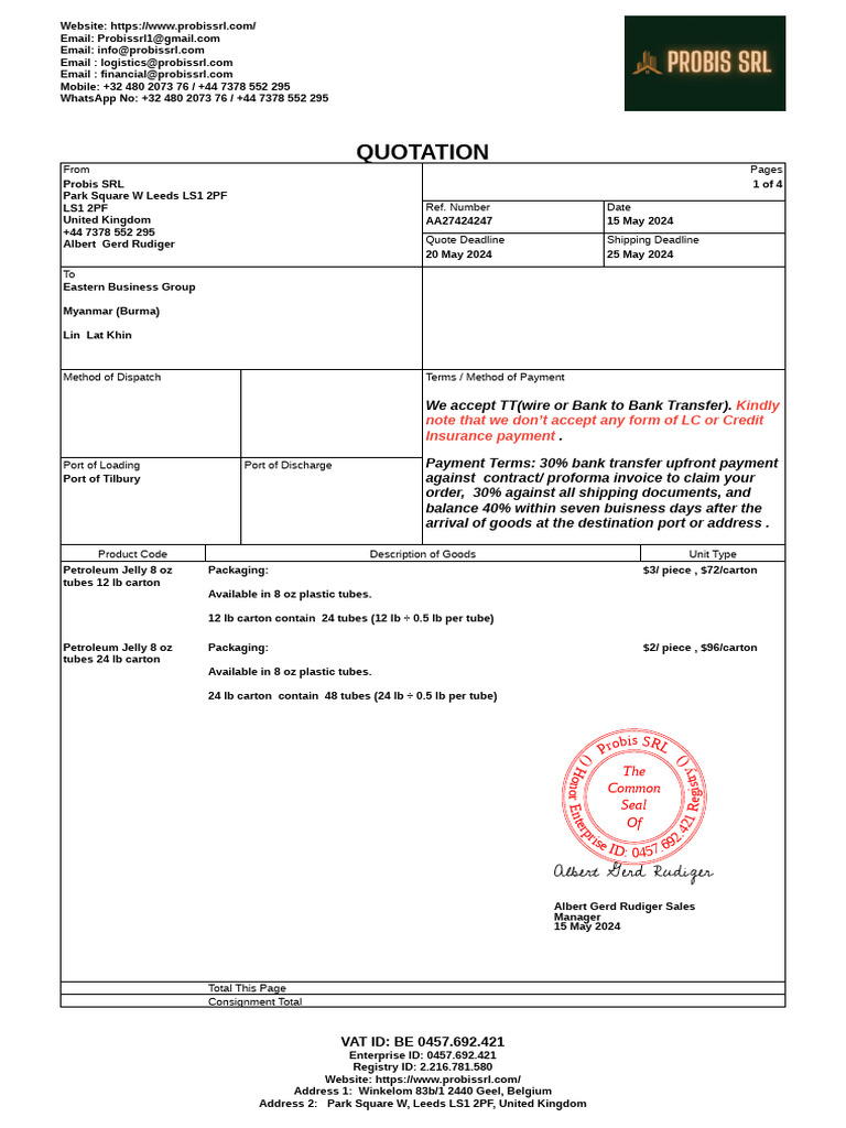 Quo 00001 Request For Quotation Vasline | PDF | Bill Of Lading | Receipt